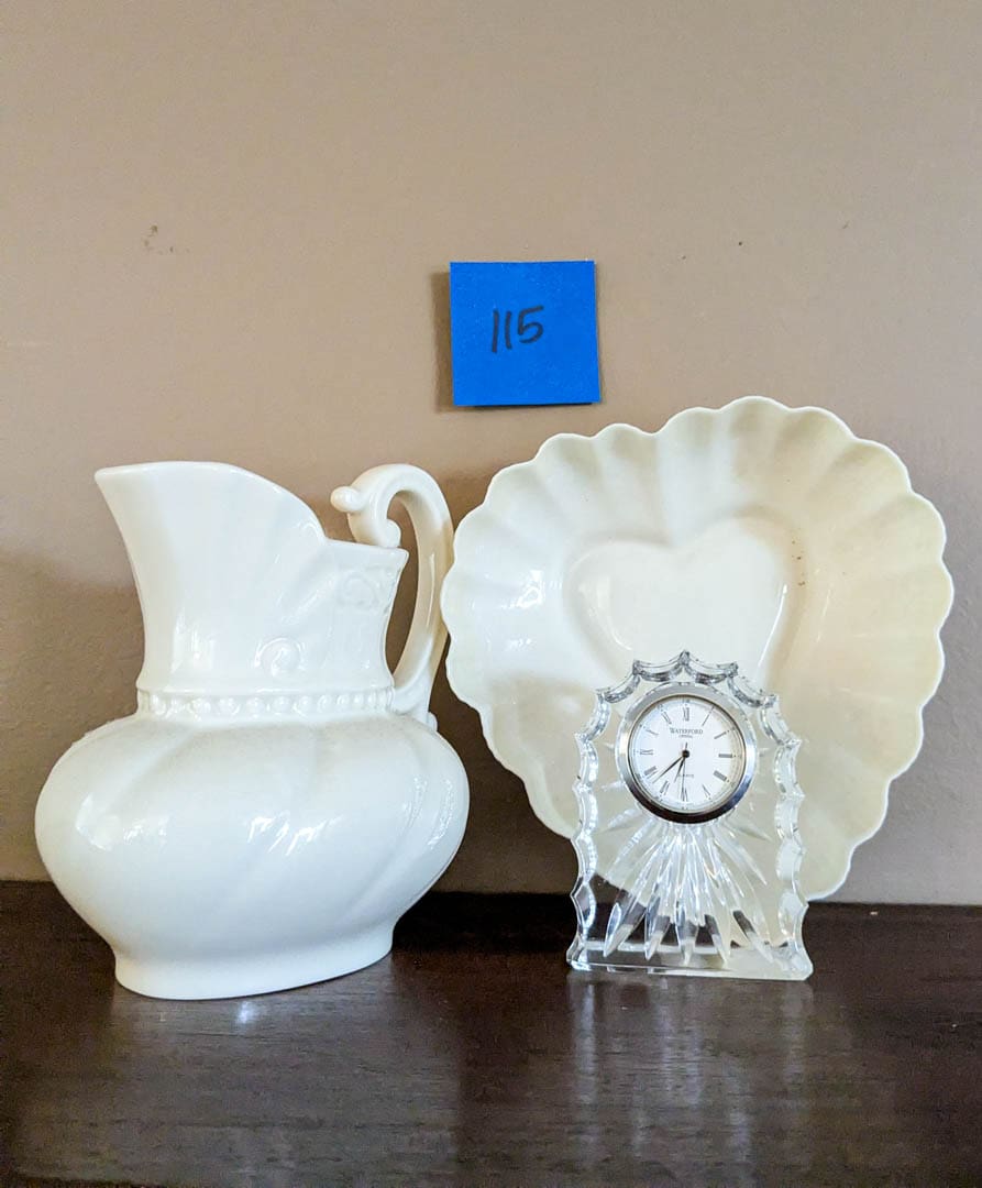 115. Waterford Crystal Clock, Belleek Heart Bowl + Lenox Pitcher ...