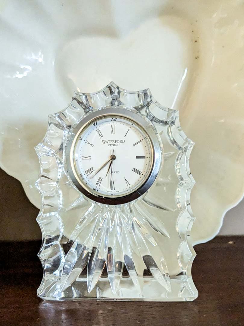 115. Waterford Crystal Clock, Belleek Heart Bowl + Lenox Pitcher ...